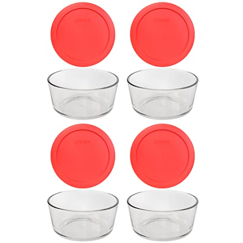 Pyrex Storage 4-Cup Round Dish with Red Plastic Cover, Clear (Case of 4 Containers), 4 pack