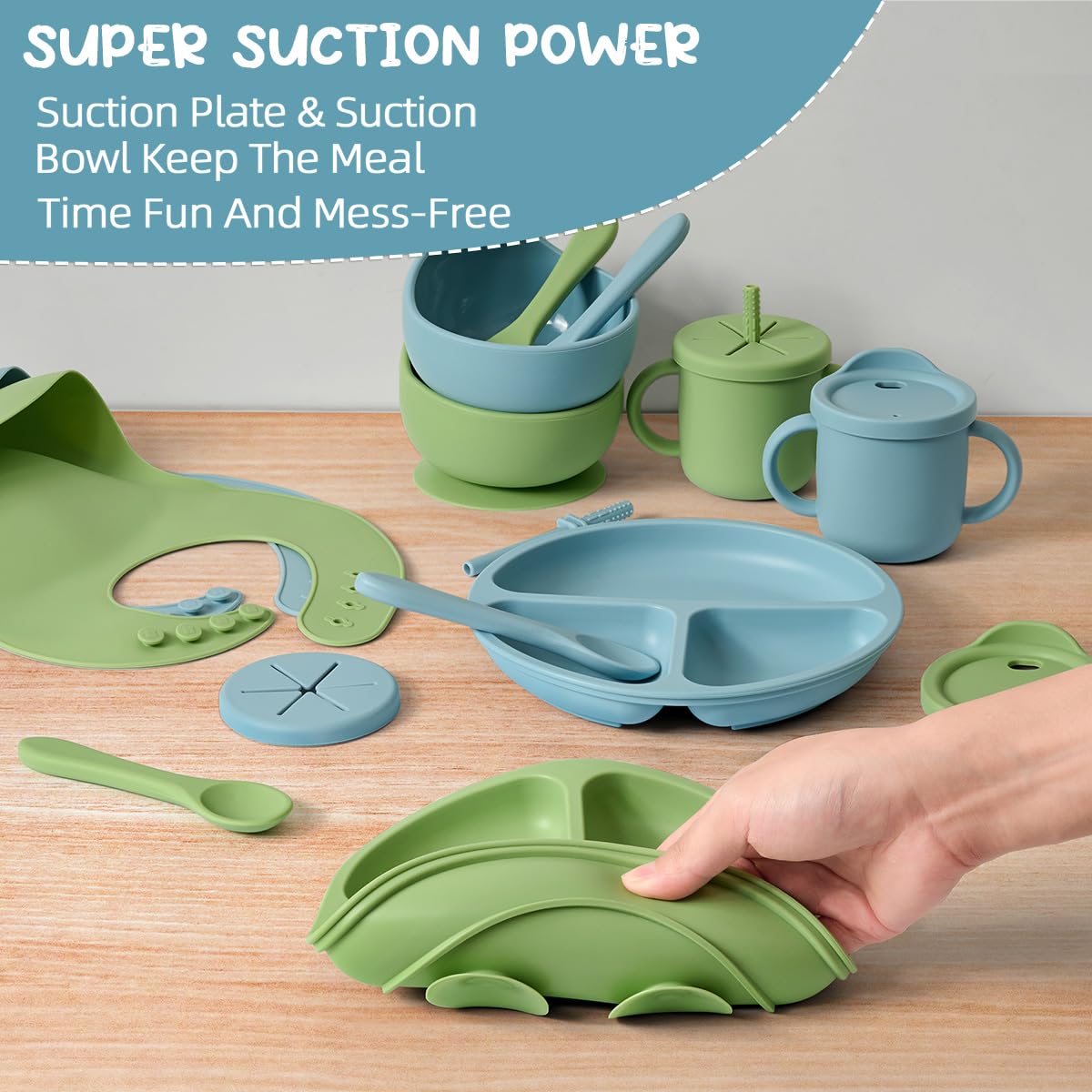 MumEZ Silicone Baby Feeding Set, Baby Led Weaning Utensils, Adjustable Silicone Bibs, Baby Plates and Bowls with Suction, Baby Spoons Forks, Sippy Cup, Baby Eating Essentials(Ether&Sage)