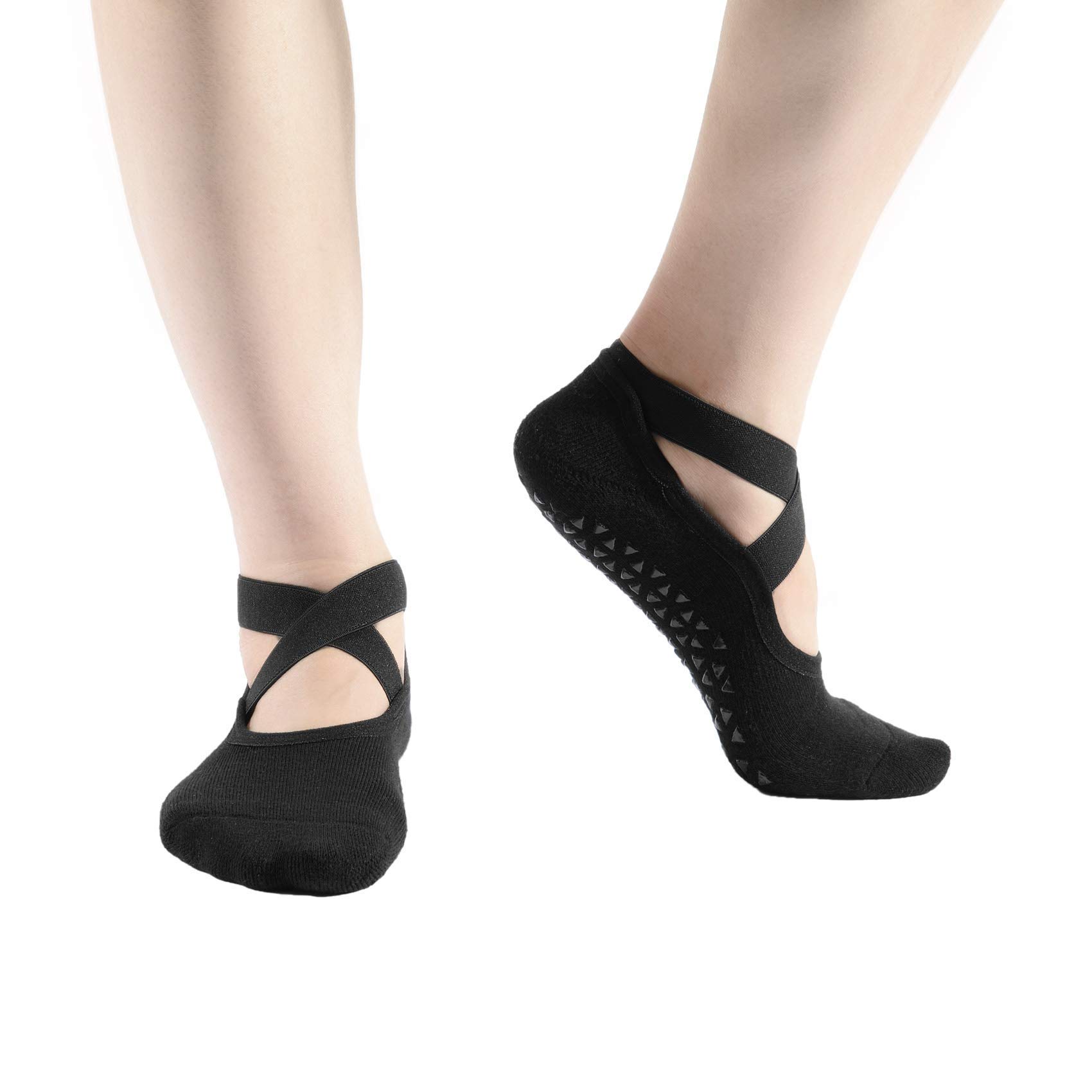 Pauboland Women's 6-Pack Black Padded Cushion Non-Slip Piyo Barre Pilate Ballet Yoga Socks with Grips, Size 4-9