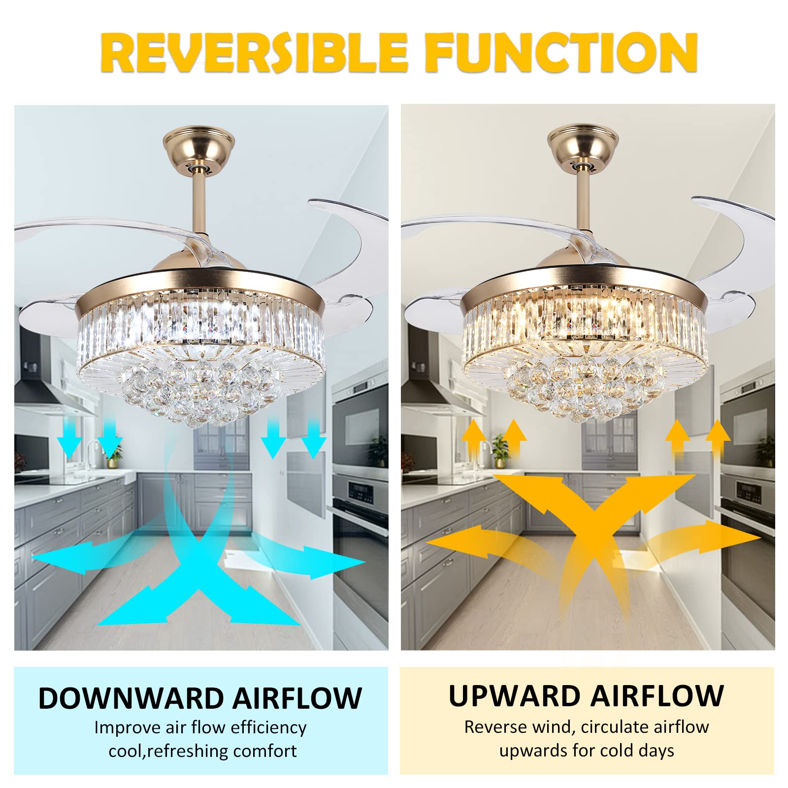 Panghuhu88 36" Invisible Ceiling Fan Chandelier Light,Modern Crystal Ceiling Fan Light Remote Control 4 Retractable ABS Blades for Bedroom Living Room Dining Room Decoration (Gold)