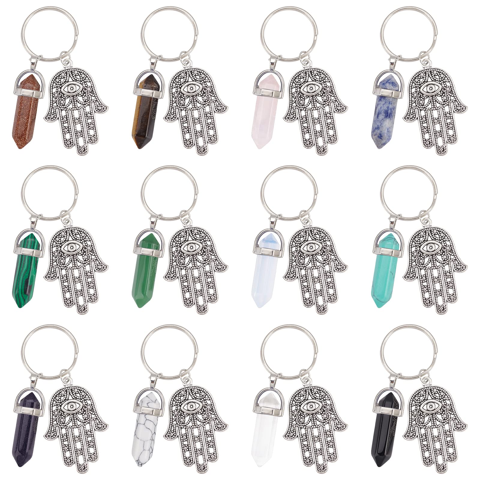 PH PandaHall 12pcs Hamsa Hand Keychains 12 Style Evil Eye Keychain with Crystal Stone Hexagonal Gemstone Lucky Charm Keychain for Wrislet Keychain Necklace Birthday Gift Bag Car Decoration