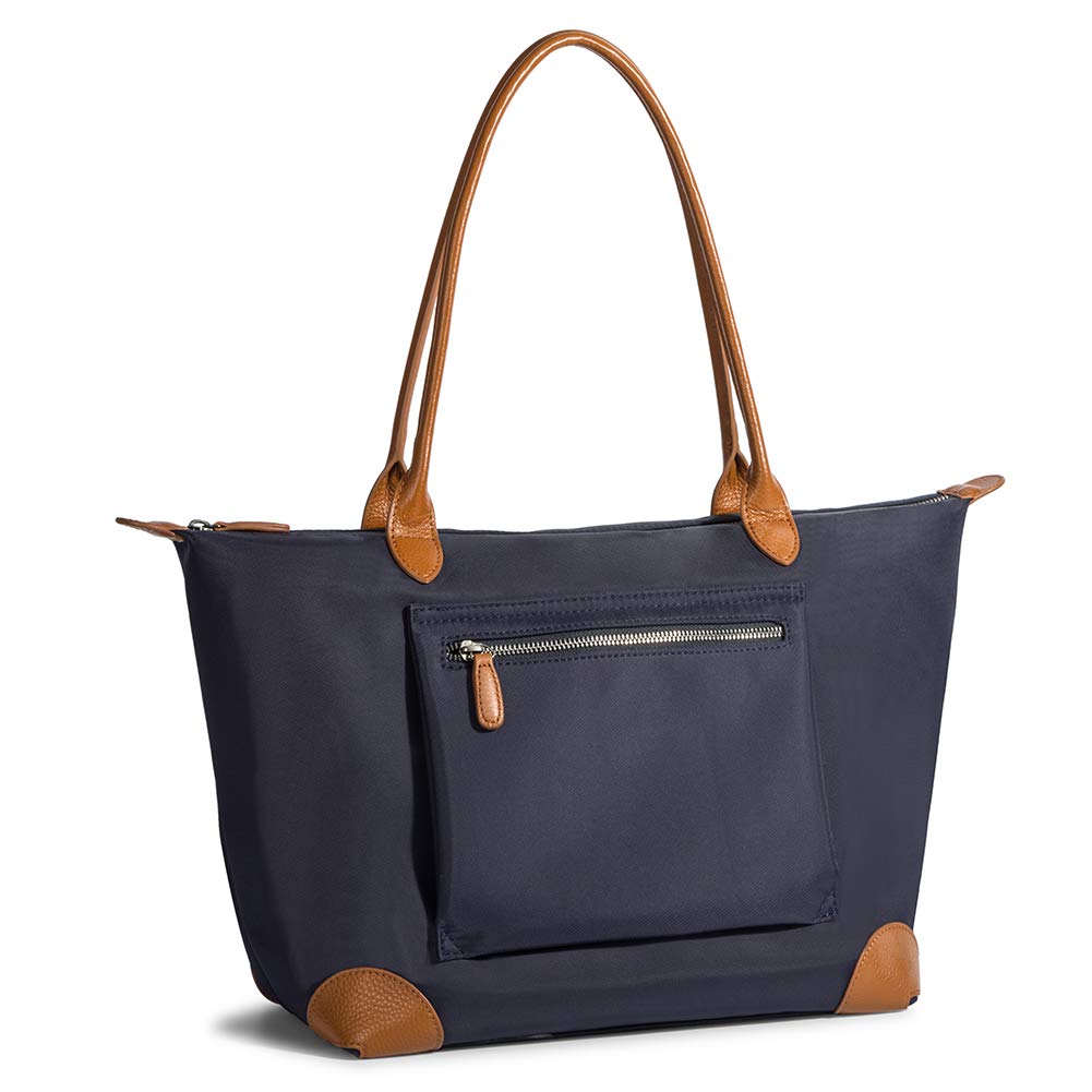 Small Leather Bifold Wallet For Women Black+Large Lightweight Nylon Tote Bag for Women Blue