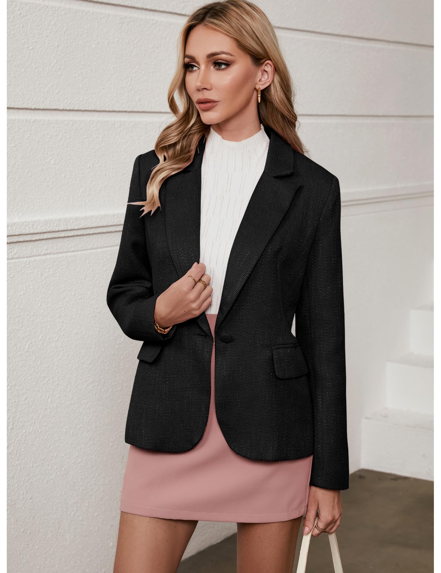 luvamia Women's Black Tweed Blazer for Business Casual, Size Large
