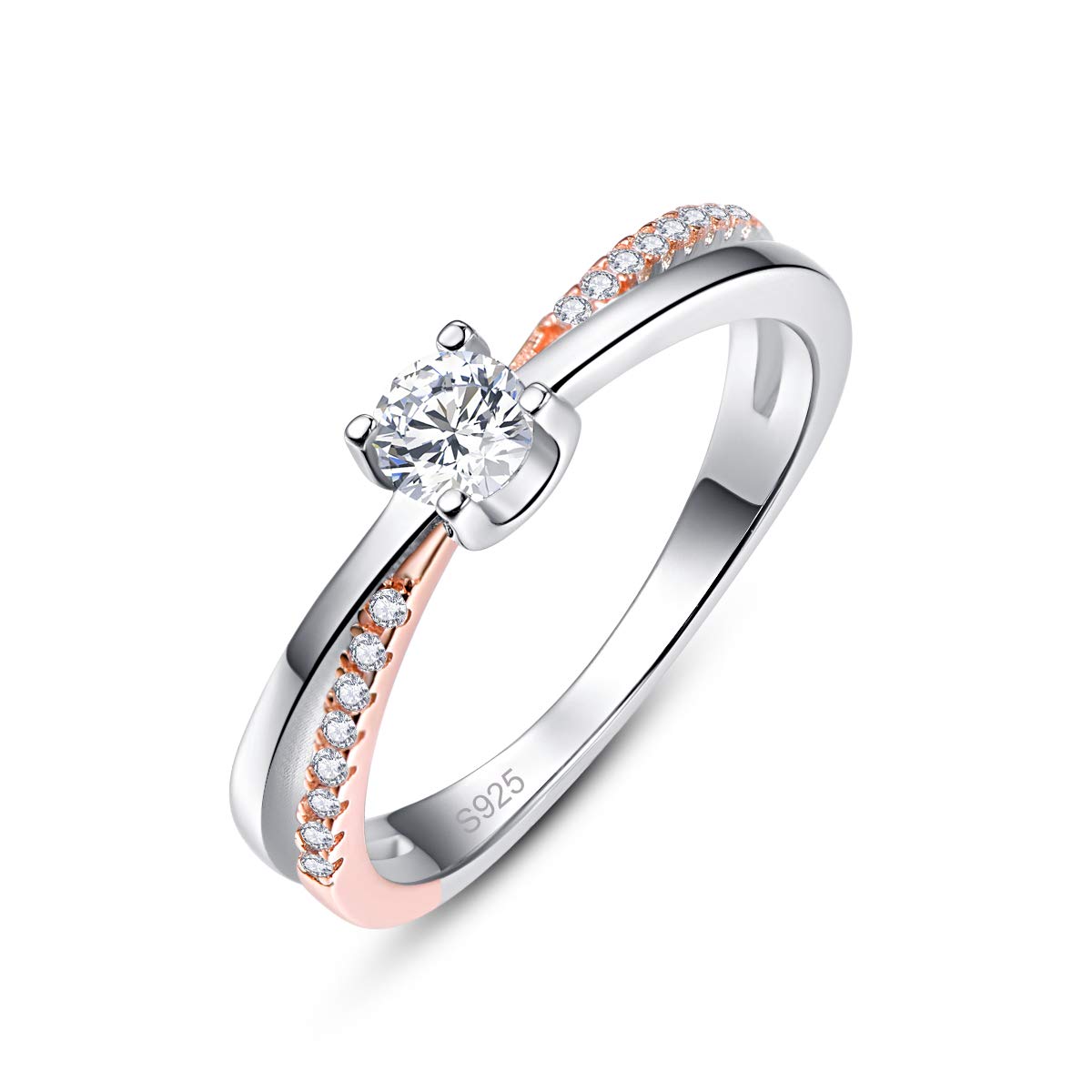 Momius 925 Sterling Silver Created White Topaz 4-Prong Elegant Split Shank with CZ Pave Wedding Engagement Eternity Band Ring for Women Size 6