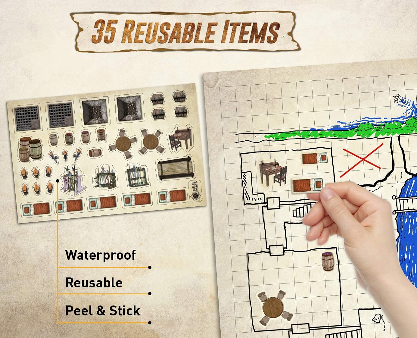 Melee Mats DND Map Starter Kit for Dungeons & Dragons Game - 23β x 27" Double Sided, Wet/Dry Erase Battle Terrain Grid - Ultimate Tabletop Board Gaming Experience with Accessories