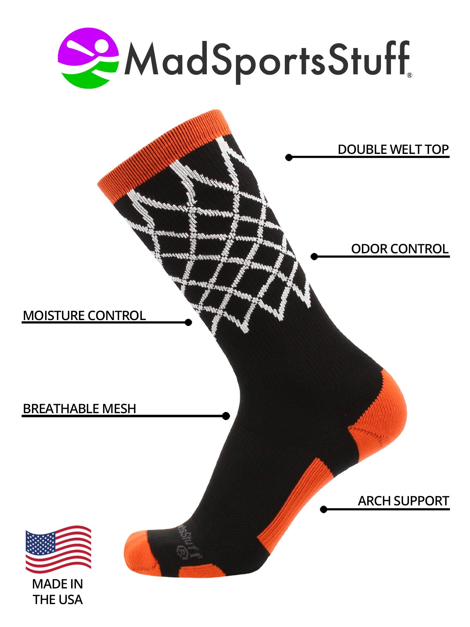 MadSportsStuff Crew Length Elite Basketball Socks with Net (Black/Orange, Medium)
