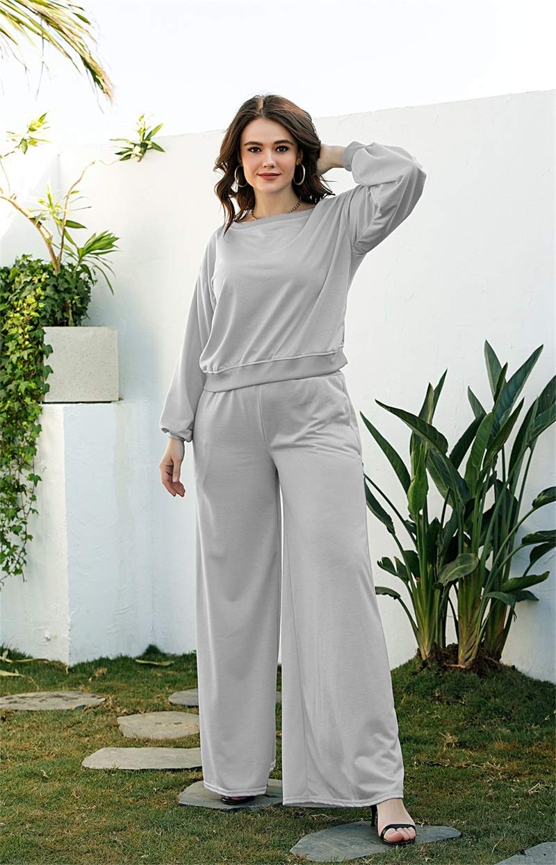 Molilove Women's Solid Sweatsuit Set 2 Piece Long Sleeve Pullover and Drawstring Sweatpants Workout Outfits Sets (Grey, M)