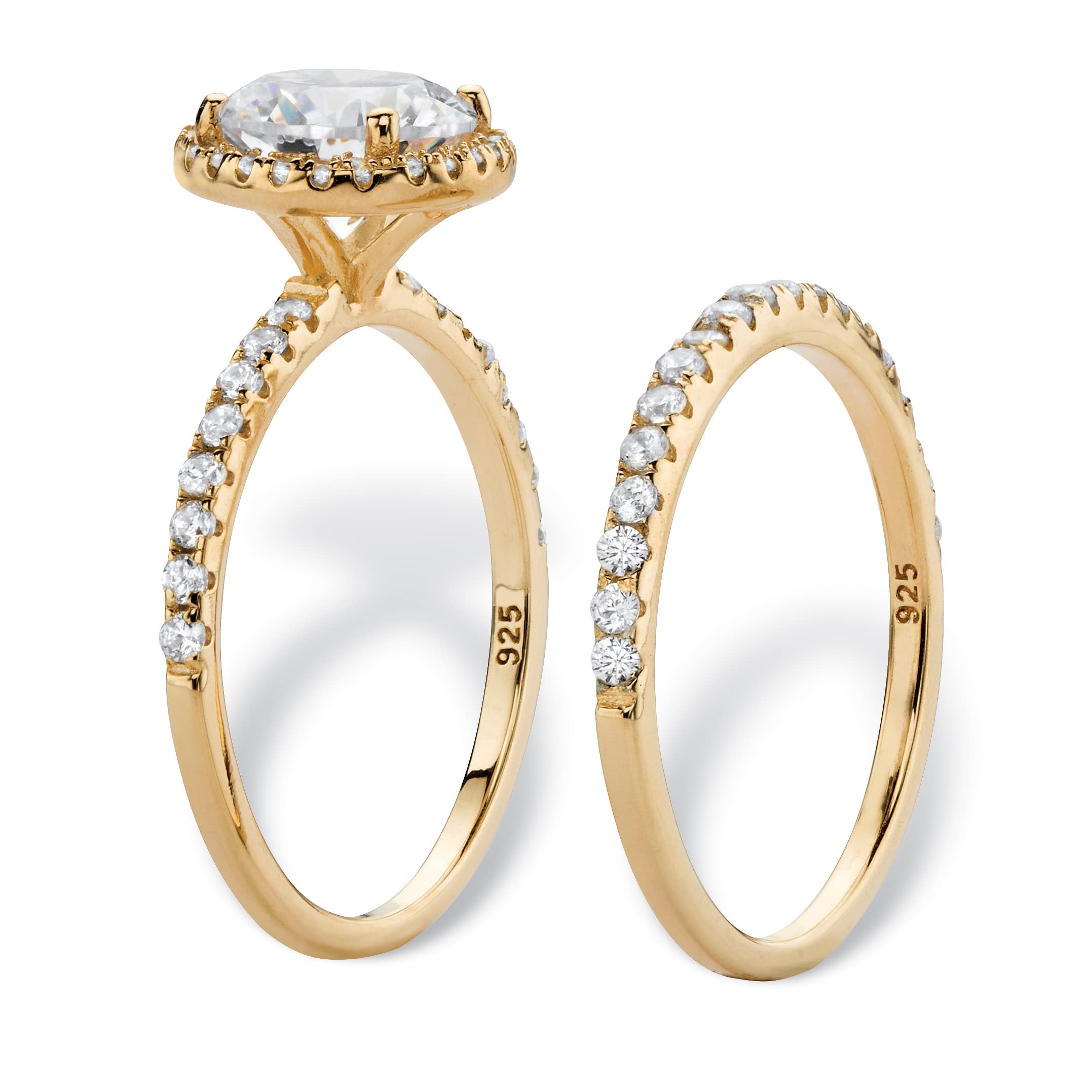 Platinum-Plated or Yellow Gold-Plated Sterling Silver Round Cubic Zirconia Halo Bridal Ring Set Size 7