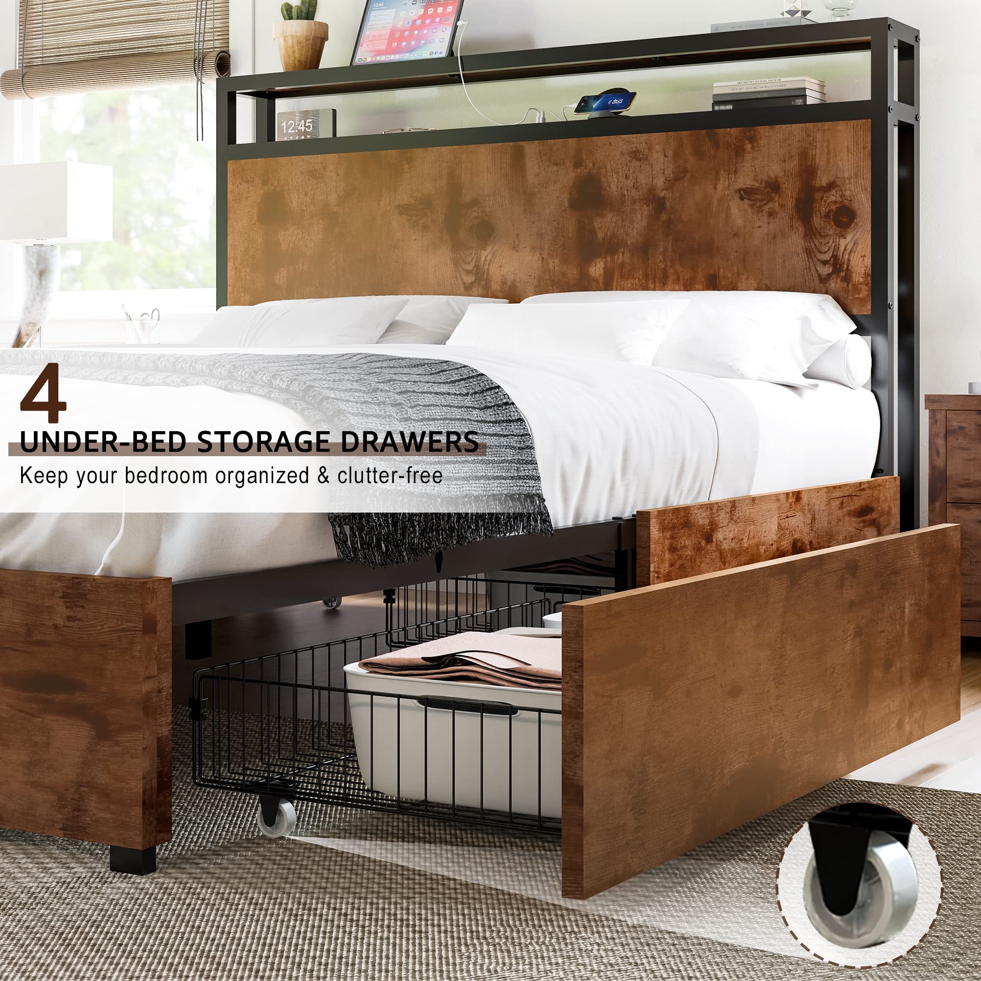 LUXOAK Queen Size Bed Frame with 4 Storage Drawers, Wooden Platform Bed with 2-Tier Storage Headboard and Charging Station, No Box Spring Needed/Noise Free/Rustic Brown