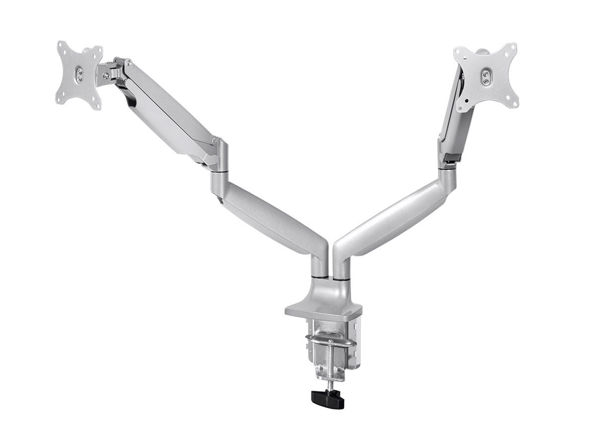 Monoprice Dual Arm Adjustable Gas Spring Desk Mount - For 15 to 34 Inch Monitors, Vessa 100x100, weight 19.8lbs, Silver - Workstream Collection