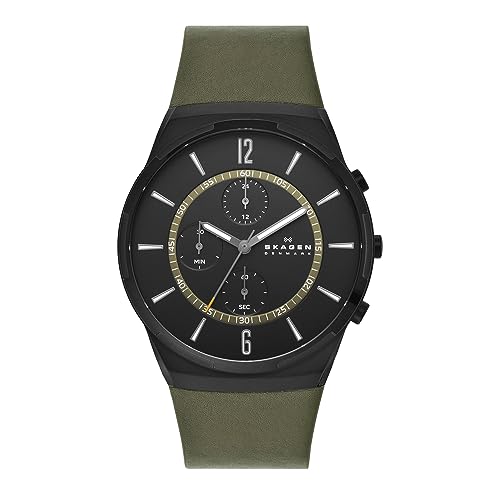 Skagen Men's MELBYE Chronograph Stainless Steel Quartz Watch with Leather Strap, Olive, 25 (Model: SKW6801)
