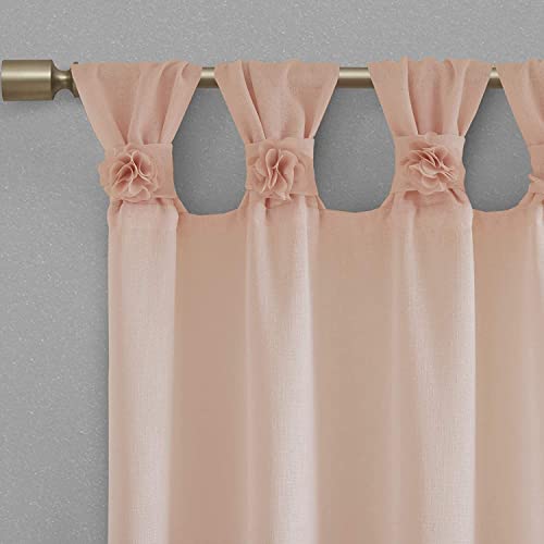Madison Park Rosette Floral Embellished Cuff Tab Top Solid Single Window Treatments Curtain Panel Drape for Bedroom Living Room and Dorm, 50"x63", Blush