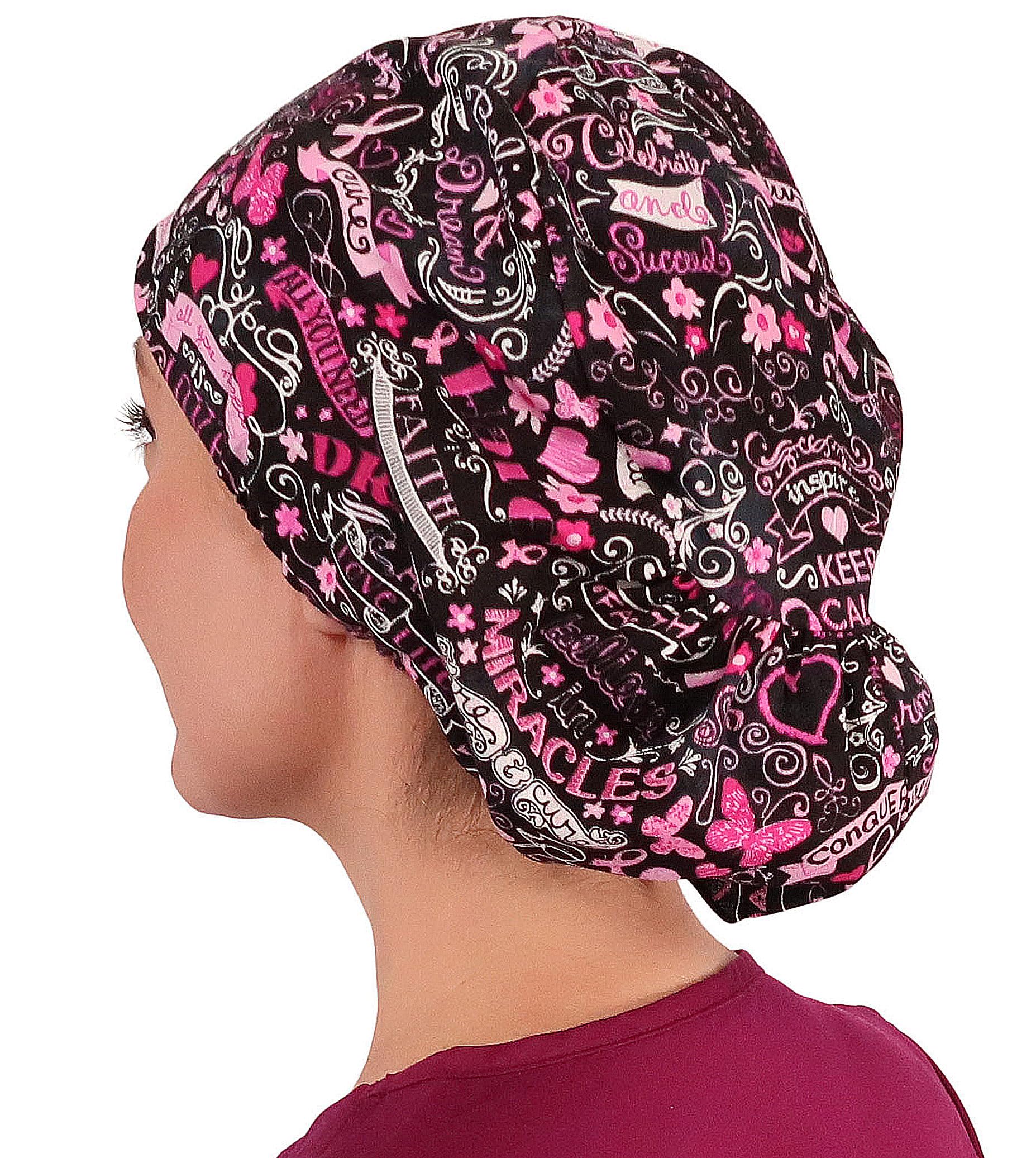 Sparkling EARTH Pink Ribbon Collage (Breast Cancer Ribbons) - Riley Medical Scrub Caps - Adjustable Cord Lock Closure - Made in USA!