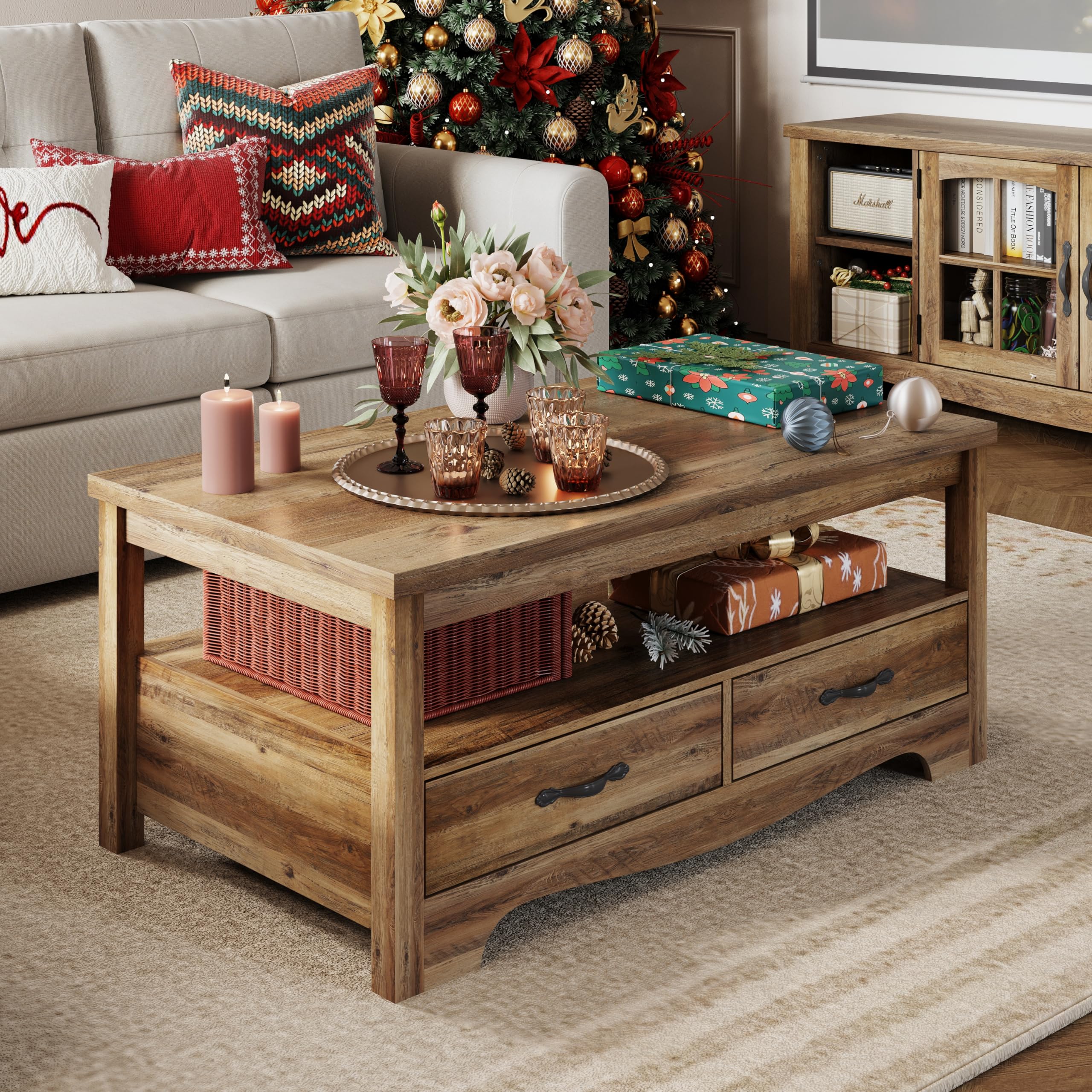 LINSY HOME Farmhouse Coffee Table with Storage, Wood Coffee Table for Living Room, Open Display Area and Storage Drawers with Metal Handles, Chic Style with Curved Base. Brown