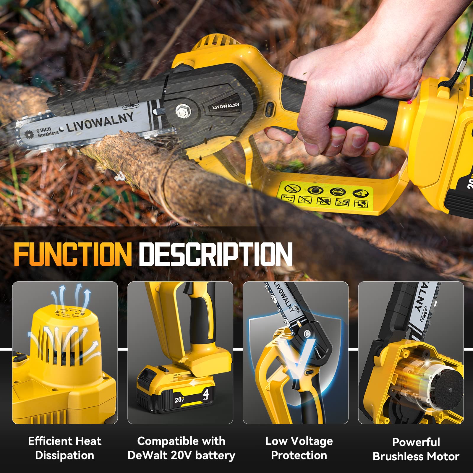 Mini chainsaw for DeWalt 20V battery: cordless electric chain saw - handheld 6 inch pruning tool(no battery)