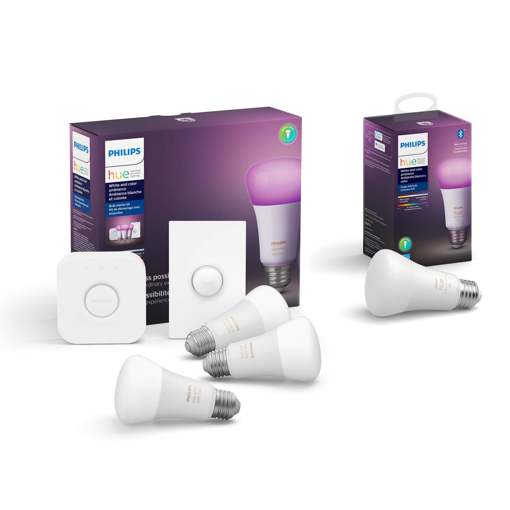 Philips Hue White and Color LED Smart Button Starter Kit White and Color Ambiance A19 LED Smart Bulb