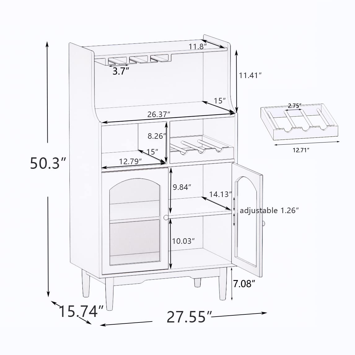 Loscear Wine Liquor Cabinet Bar for Home with Removable Wine Rack and Storage, Dark Grey Wood Coffee Bar Cabinets for Home with Solid Wood Legs and Tempered Glass Doors, 27.56”×15.75”×50.39”