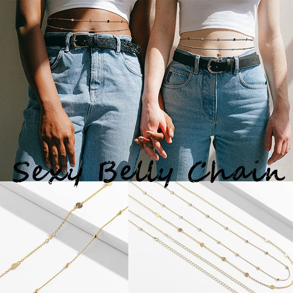 Simple Shiny Sequins Belly Chain Layered Body Chain Jewelry for Women Girls Summer Beach Bikini Accessories (Silver)