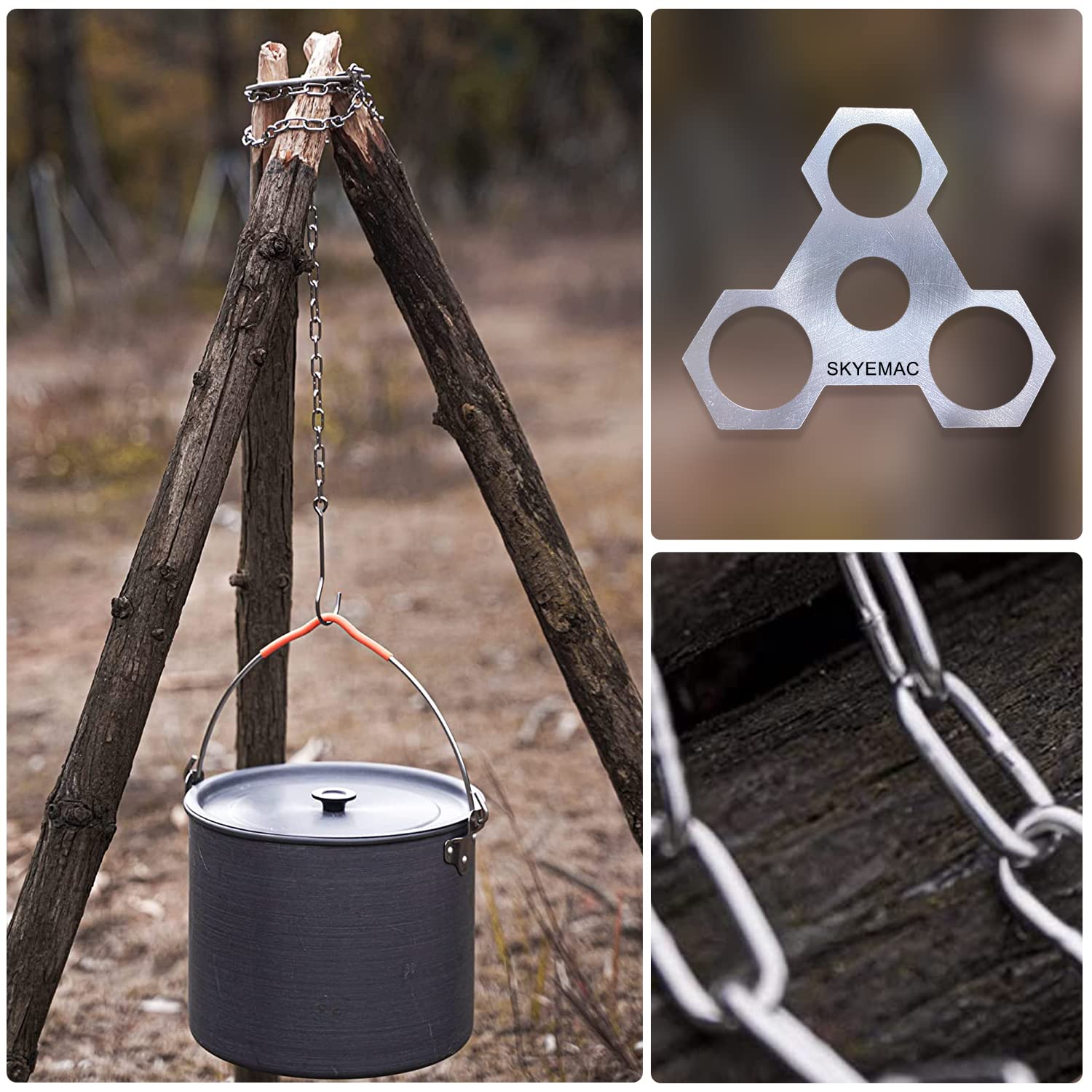 SKYEMAC Camping Tripod Board for Outdoor Cooking - Turn Branches into Campfire Tripod with Adjustable Chain Portable Camp Grill Accessories Stainless Steel for Backpacking Picnic Hiking