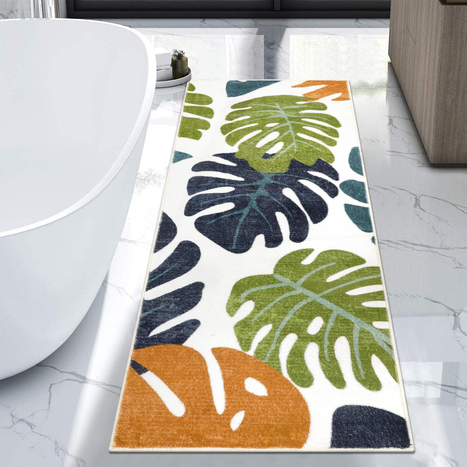 Lukinbox Leaf Bathroom Runner Rugs, 2x5 Cute Long Non-slip Washable Bath Mats for Bathroom, Blue Green Velvet Bathroom Mats Soft Plant Bath Rug for Hallway Kitchen Laundry Room Entryway Decor