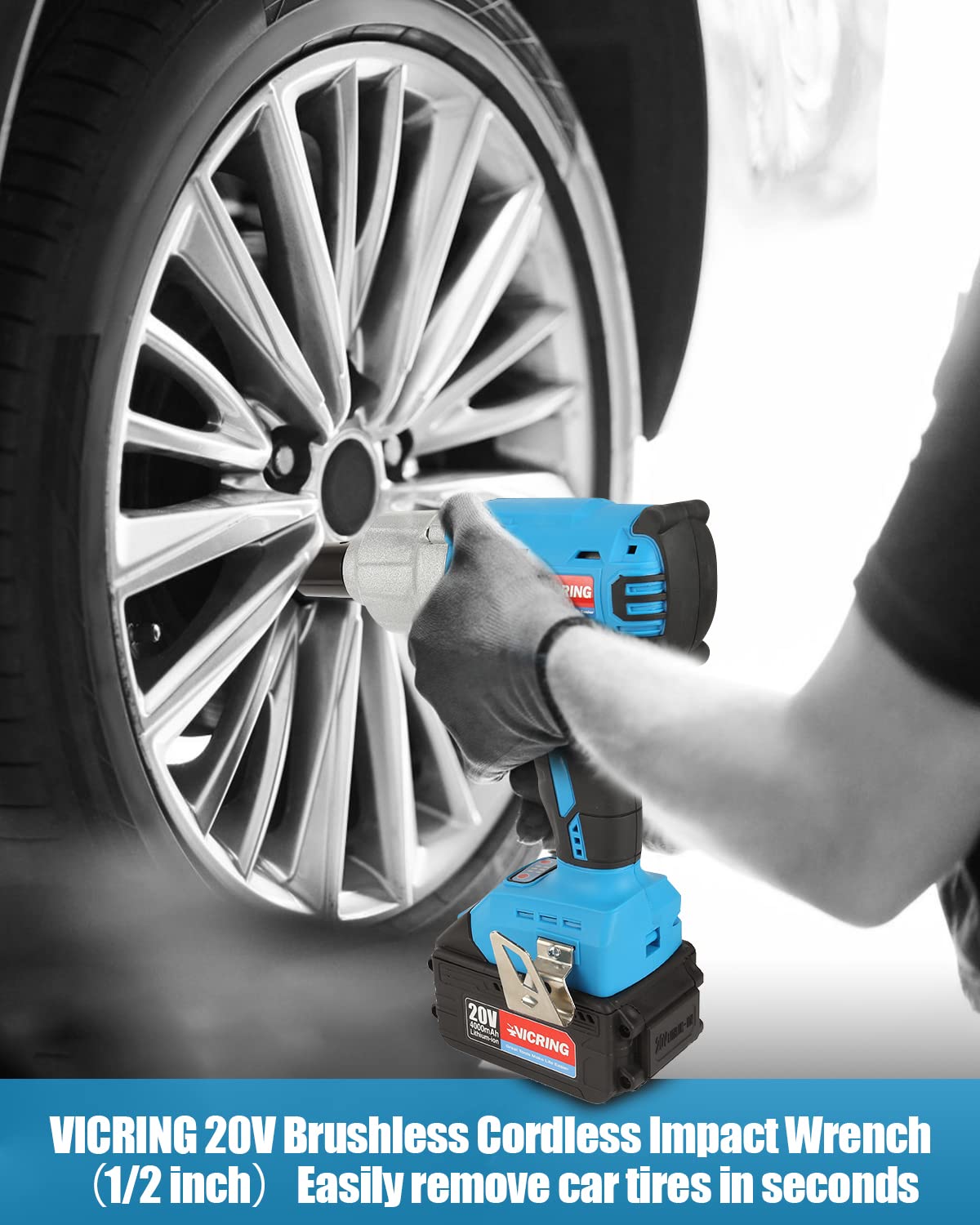 VICRING 20V Cordless Impact Wrench 1/2 Inch Impact Gun Brushless High Torque Power Impact Wrench Electric Lug Nuts Impact Driver With 4.0Ah Battery Fast Charger and 4 Sockets