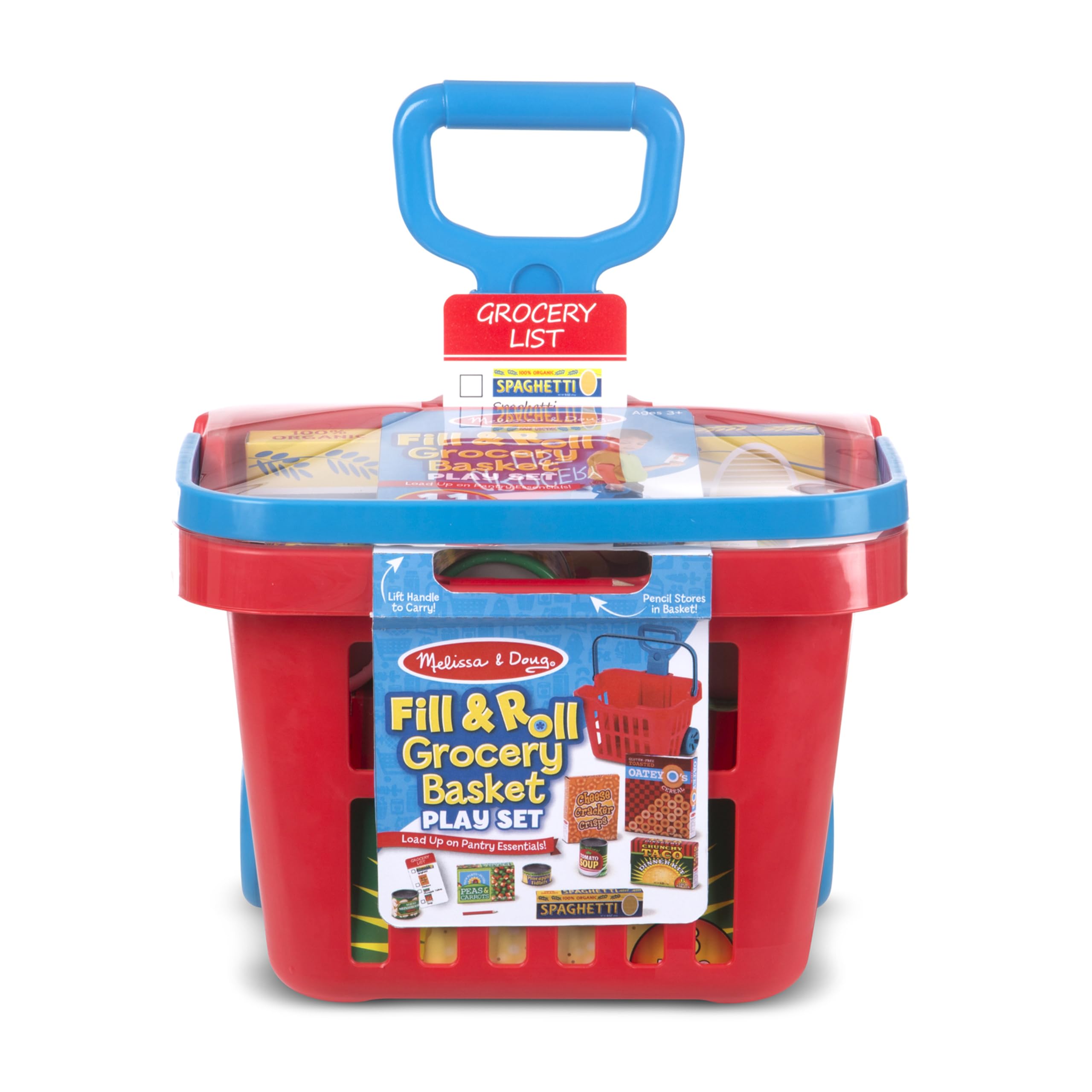 Melissa & Doug Fill and Roll Grocery Basket Play Set With Play Food Boxes and Cans (11 pcs), Frustration-Free Packaging)