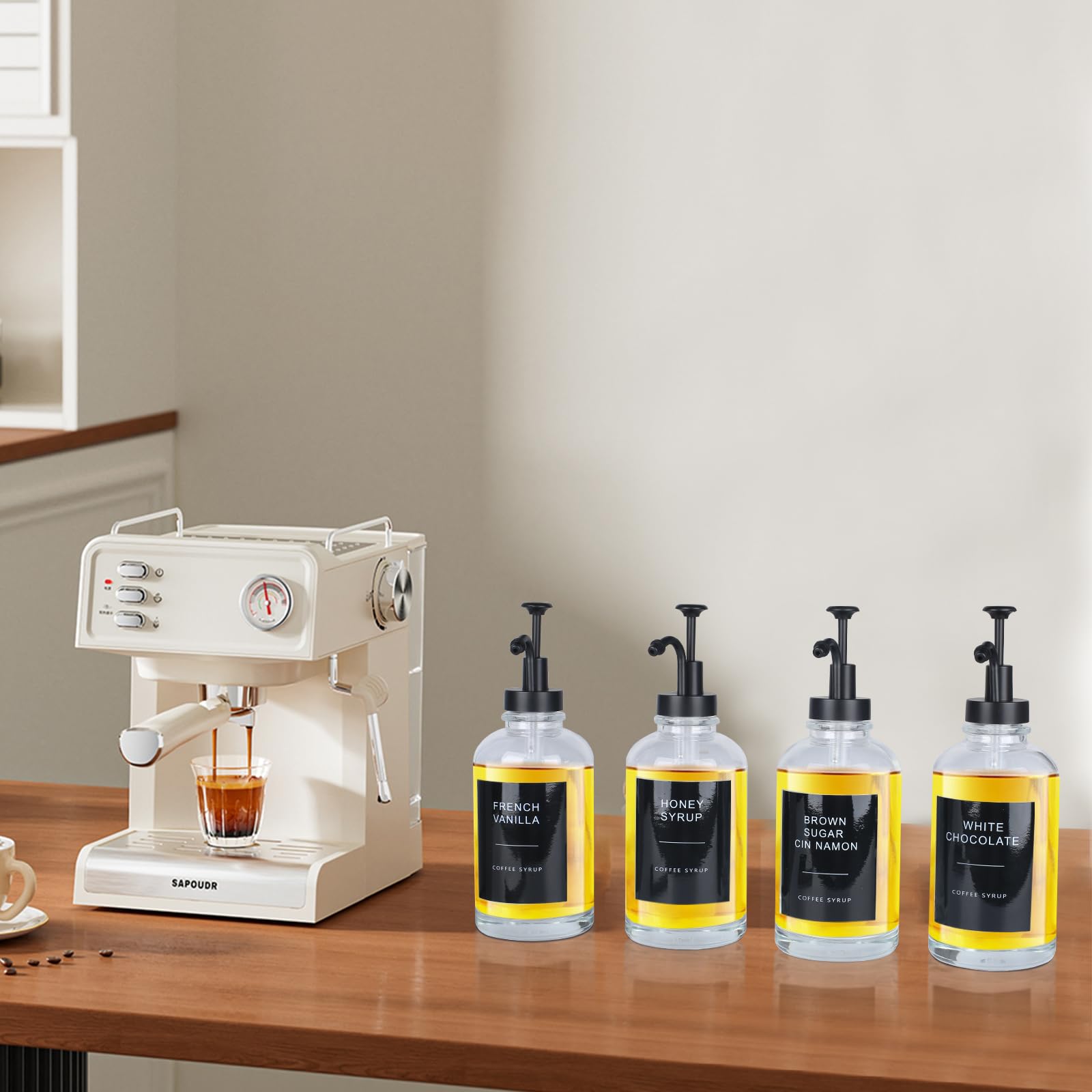 MSTCMZP Coffee Bar Accessories 4 Pack Coffee Syrup Dispenser for Coffee Bar,500ML Glass Coffee Syrup Pump Dispenser,Coffee Syrup Bottles with Labels (4pc black)