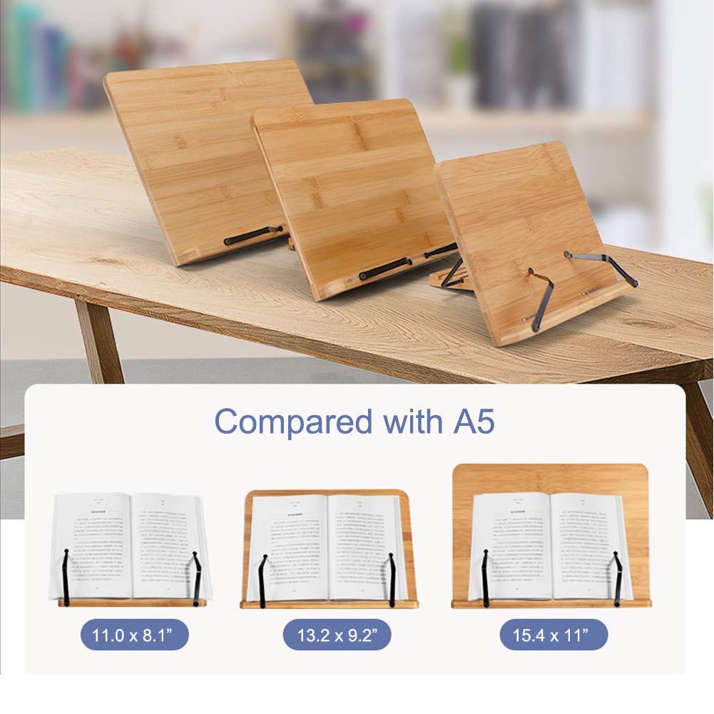 wishacc Bamboo Book Stand Cookbook Holder with 5 Adjustable Height 13.2 x 9.2"