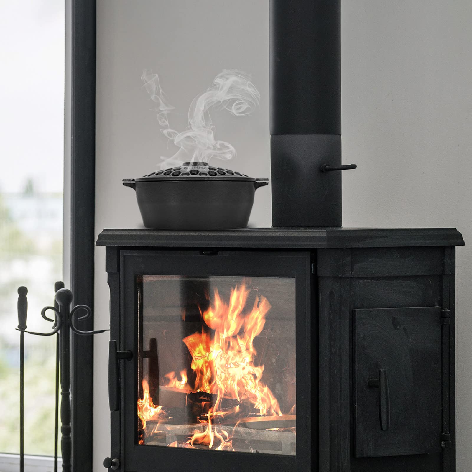 Wood Stove Steamer, Cast Iron Fireplace Humidifier, Indoor Humidifier for Home Heating, Black Bowl Fireplace Stove Covers Accessories Decorative, Matte Black Finish, Rust Resistant, 2.7 Quart Capacity