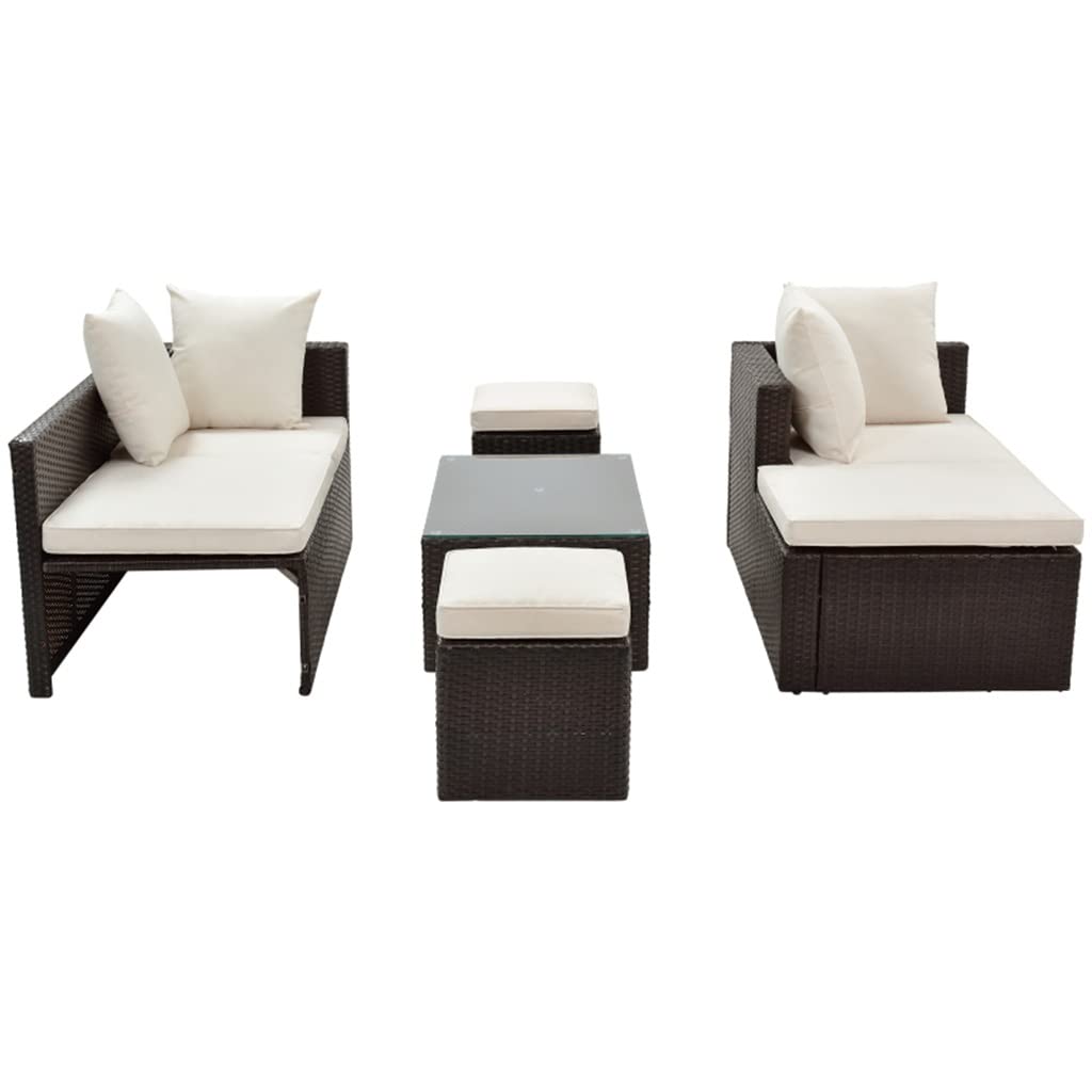 LHLLHL 5 Piece Patio Furniture PE Rattan Wicker Combo Recliner Sofa Set with Glass Table and Adjustable Chairs