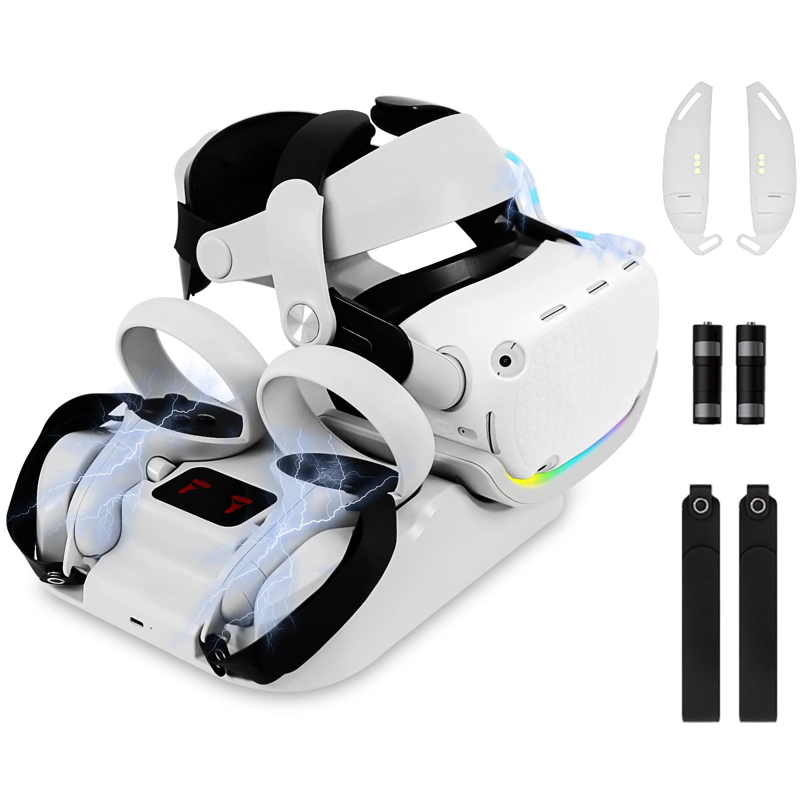 VR Charging Dock for Oculus Quest 2, Magnetic Fast Meta Quest 2 Charger Station Simultaneously for Controllers and Headset Fit Elite Strap,VR Accessories with LED Indicator & 2 Rechargeable Batteries