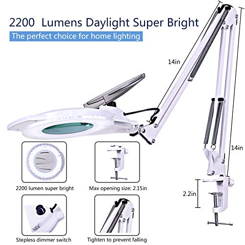 Magnifying Lamp with Clamp, NUEYiO 2,200 Lumens Dimmable Super Bright Daylight LED Magnifying Glass with Light, Adjustable Swivel Arm and Magnifier Lens for Reading, Crafts, Close Work, Repair- White