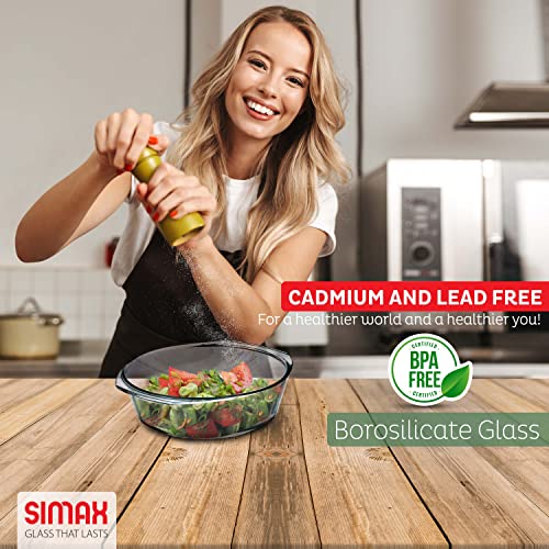 Simax Clear Glass Casserole Dish, Glass Round Casserole Dish with Lid and Handles, Covered Bowl for Cooking, Baking, Serving, Microwave, Dishwasher, and Oven Safe Cookware, 1 Quart