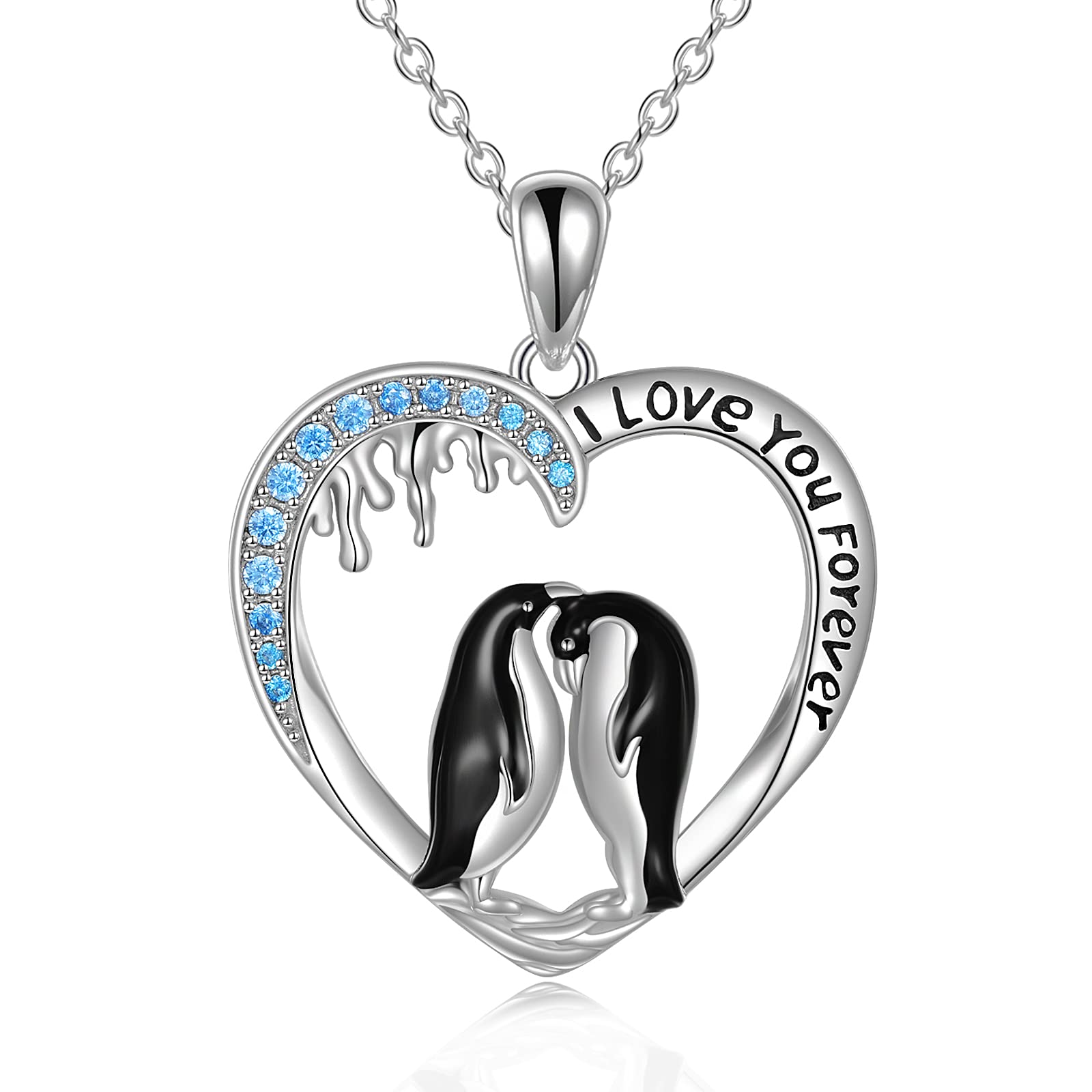 Penguin Jewelry Necklace Gifts for Mom Her Sterling Silver I Love You Forever Penguin Heart Pendant Necklace for Women Mom Mother Daughter