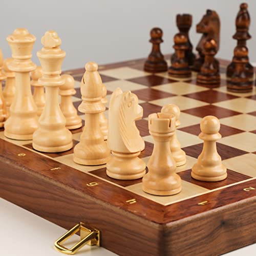 Wooden Chess Set Handmade Chessboard with 2 Extra Queens Folding Travel Board Chess Game Set for Family Party Activities