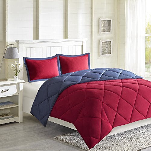Madison Park Larkspur All Season Reversible Two Sides Down Alternative Set 3M Stain Release Comforters, Full/Queen, Red/Navy 3 Piece