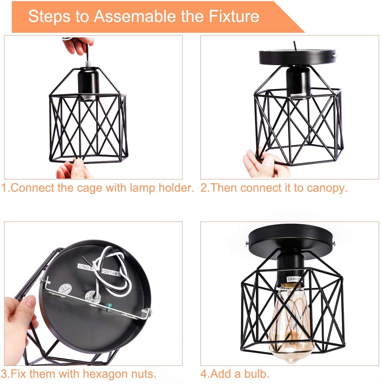 Licperron Hallway Light Fixtures Ceiling Mount, E26 E27 Retro Black Industrial Semi Flush Mount Ceiling Light for Porch Hallway Kitchen Farmhouse Lighting, 2 Pack, RV Light Fixtures, UL Approval