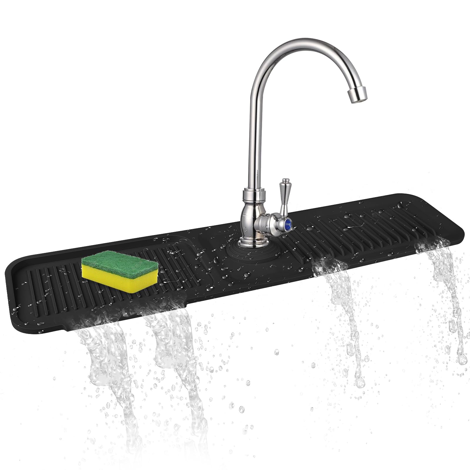 SKitchen Sink Splash Guard, Silicone Faucet Handle Drip Catcher Tray, fits faucet bottom diameter in 2.5 inch, Sponge Holder Sink Protectors Mat for Kitchen Bathroom Sink Accessories(24" x 5.5")
