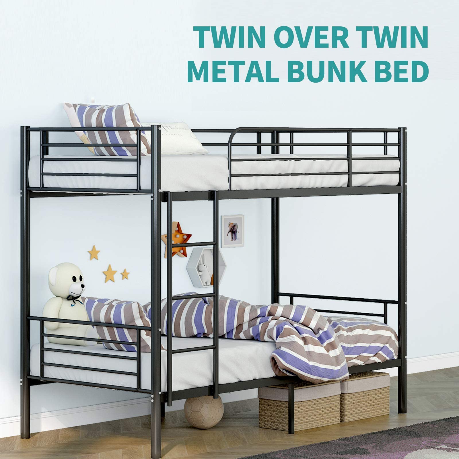 Lumelay Bunk Bed Twin Over Twin, Heavy Duty Twin Size Metal Bunk Bed Frame with Guardrail & Ladders, Space-Saving, Noise Free, No Box Spring Needed (Black)