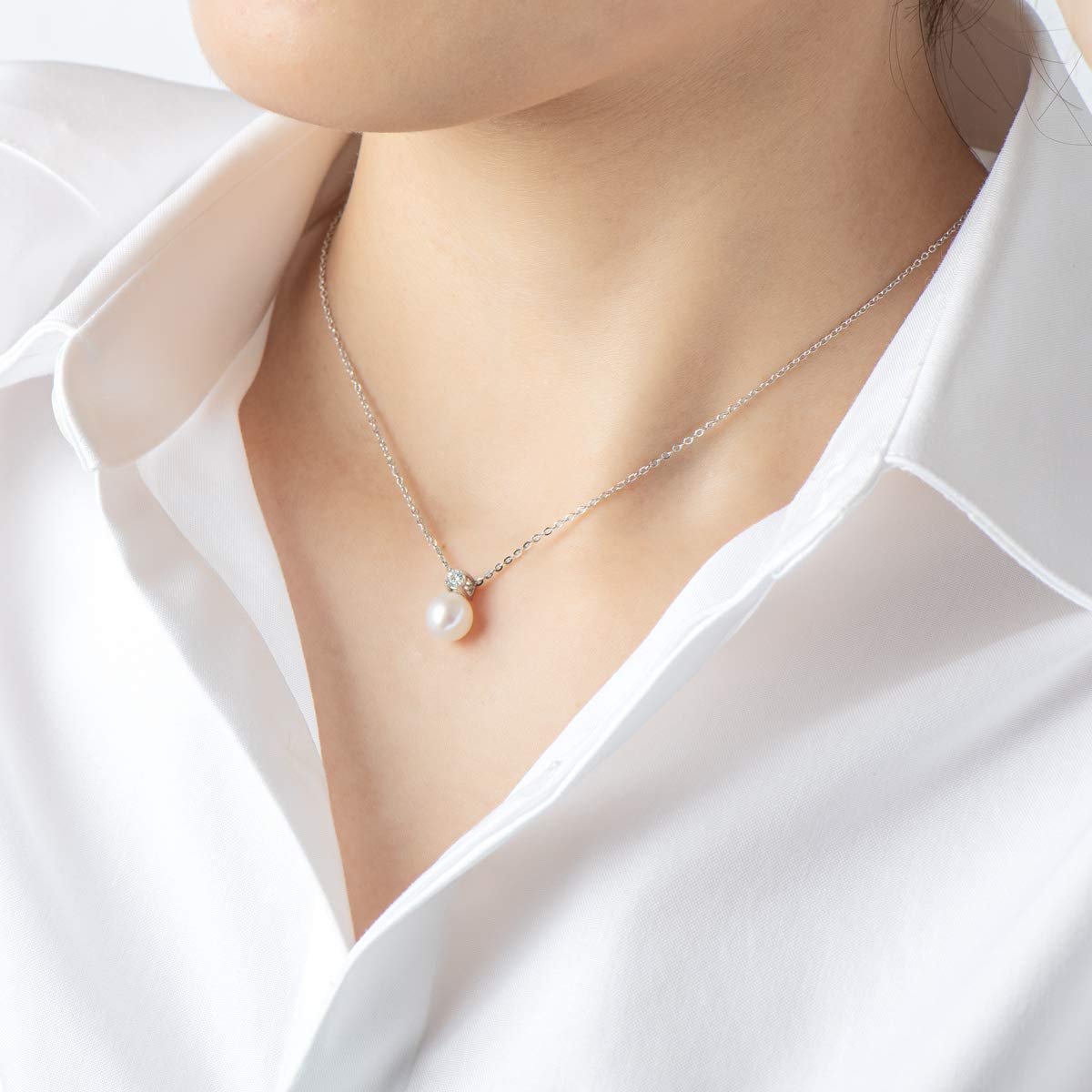 Pearl Necklace Single Freshwater White Pearl Pendant Sterling Silver Chain Jewelry Gift for Mom Mama Mother Day(Size:7.5-8mm)