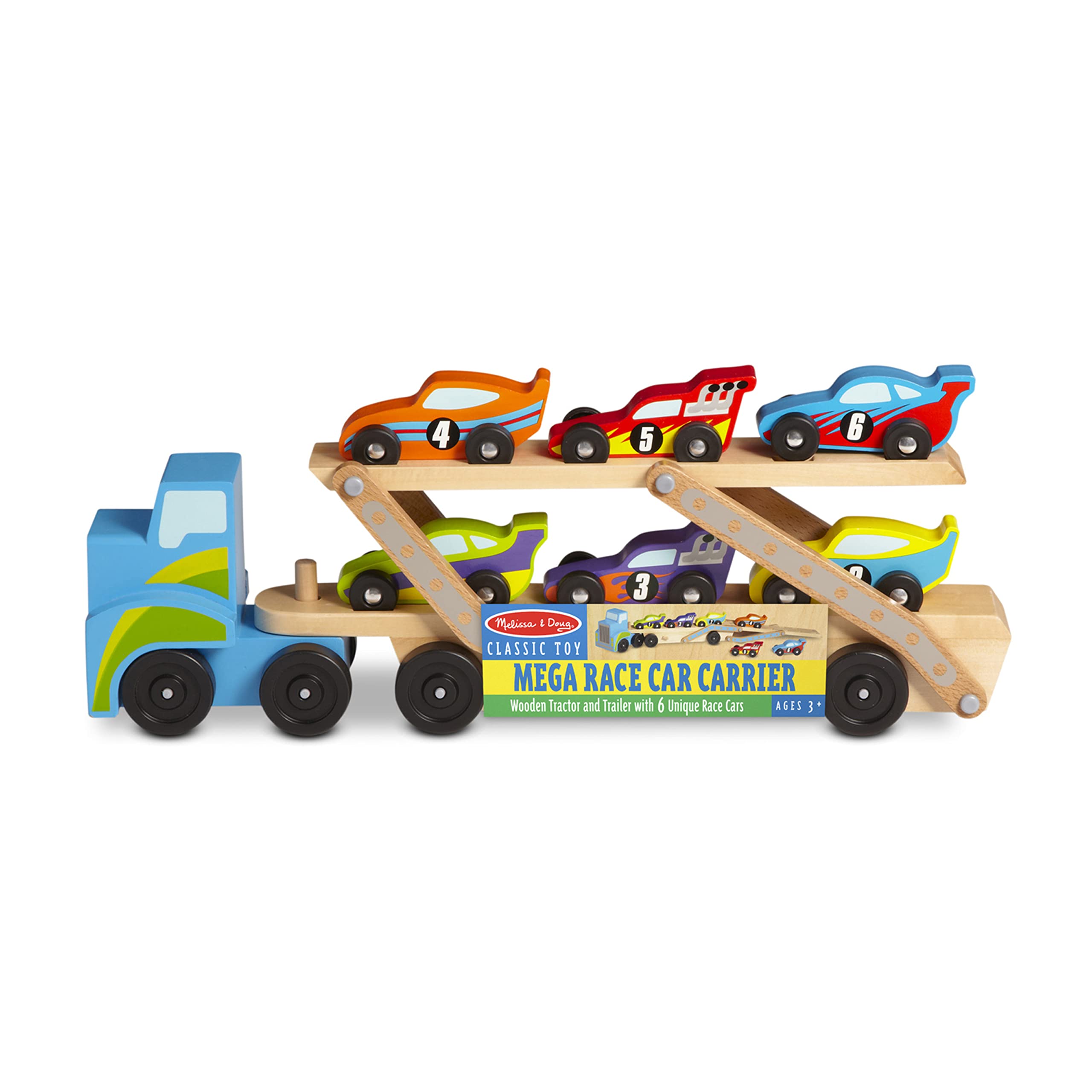 Melissa & Doug Mega Race-Car Carrier - Wooden Tractor and Trailer With 6 Unique Race Cars