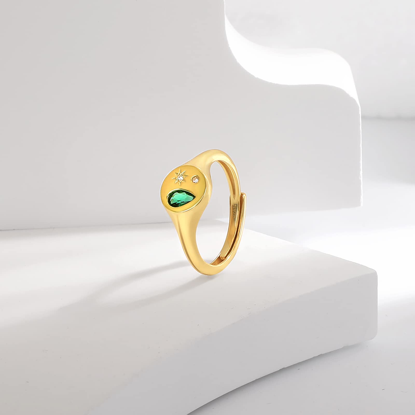 PHNIBIRD Gold Rings for Women with Emerald Green Waterdrop Shape CZ and Octopus Stars