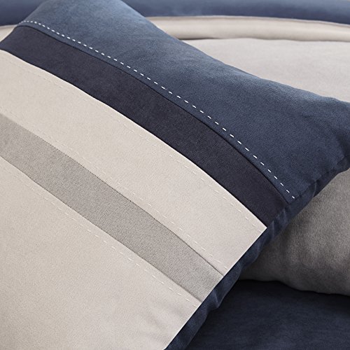Madison Park Palisades Duvet Cover Full/Queen Size - Navy, Grey, Pieced Stripe Duvet Cover Set β 6 Piece β Micro Suede Light Weight Bed Comforter Covers