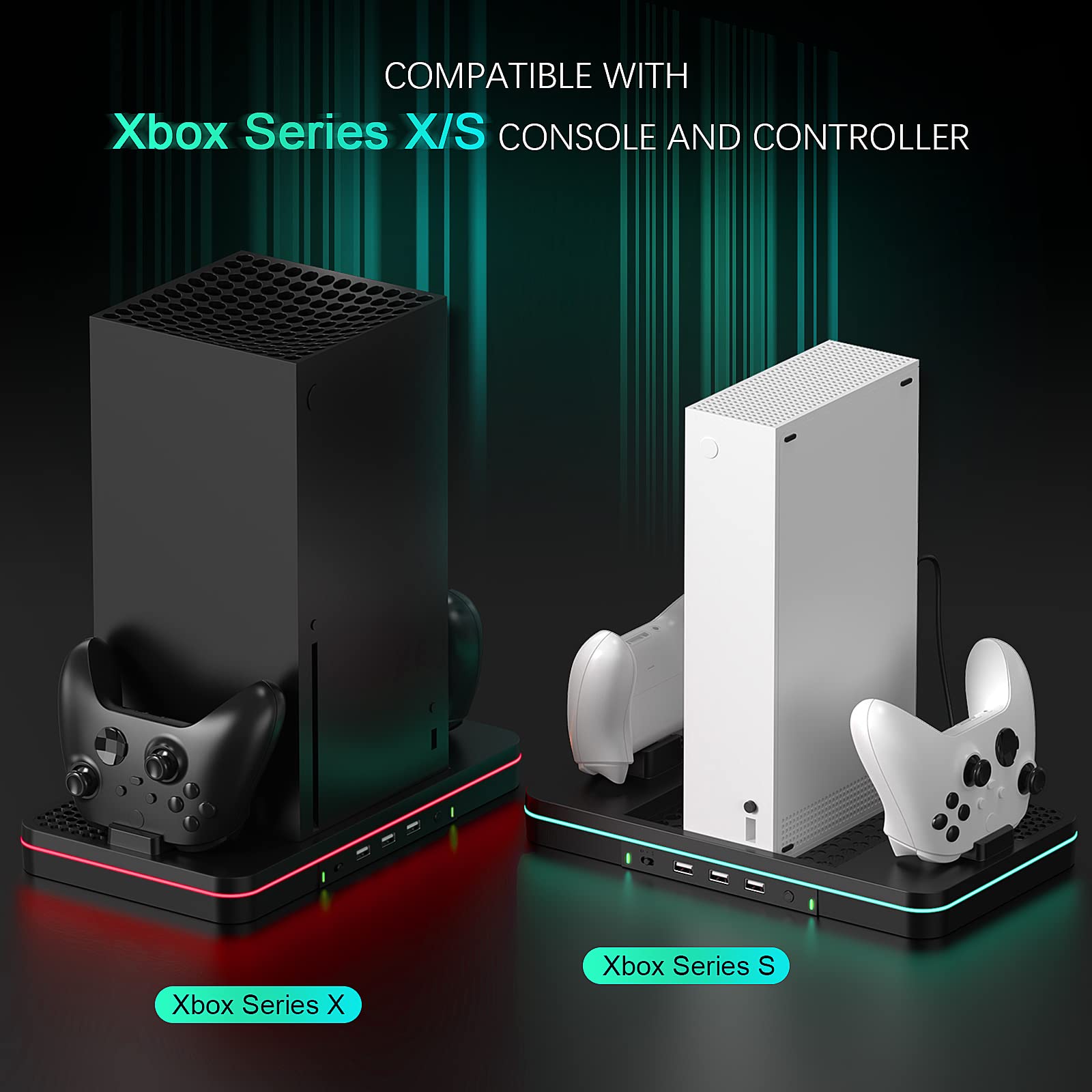 Vertical Cooling and Charging Stand Compatible with Xbox Series X/S Console&Controller, 7 Color Lights/3 USB Ports, Vertical Dual Controller Charger Station Dock Accessories - 2 Gear Fan Speed