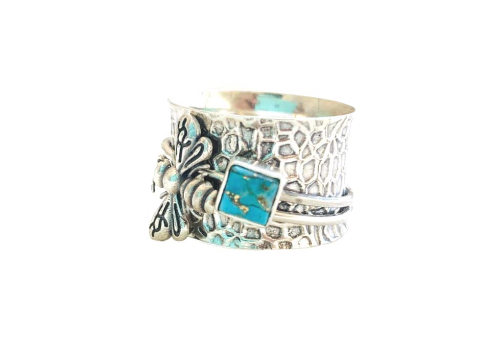 Very Rare Honey Bee Copper Turquoise Silver Spinner Ring | 925 Sterling Silver Stone Spinner Ring | Designer Hand Carved Silver Ring Gift (Ring Size-8)