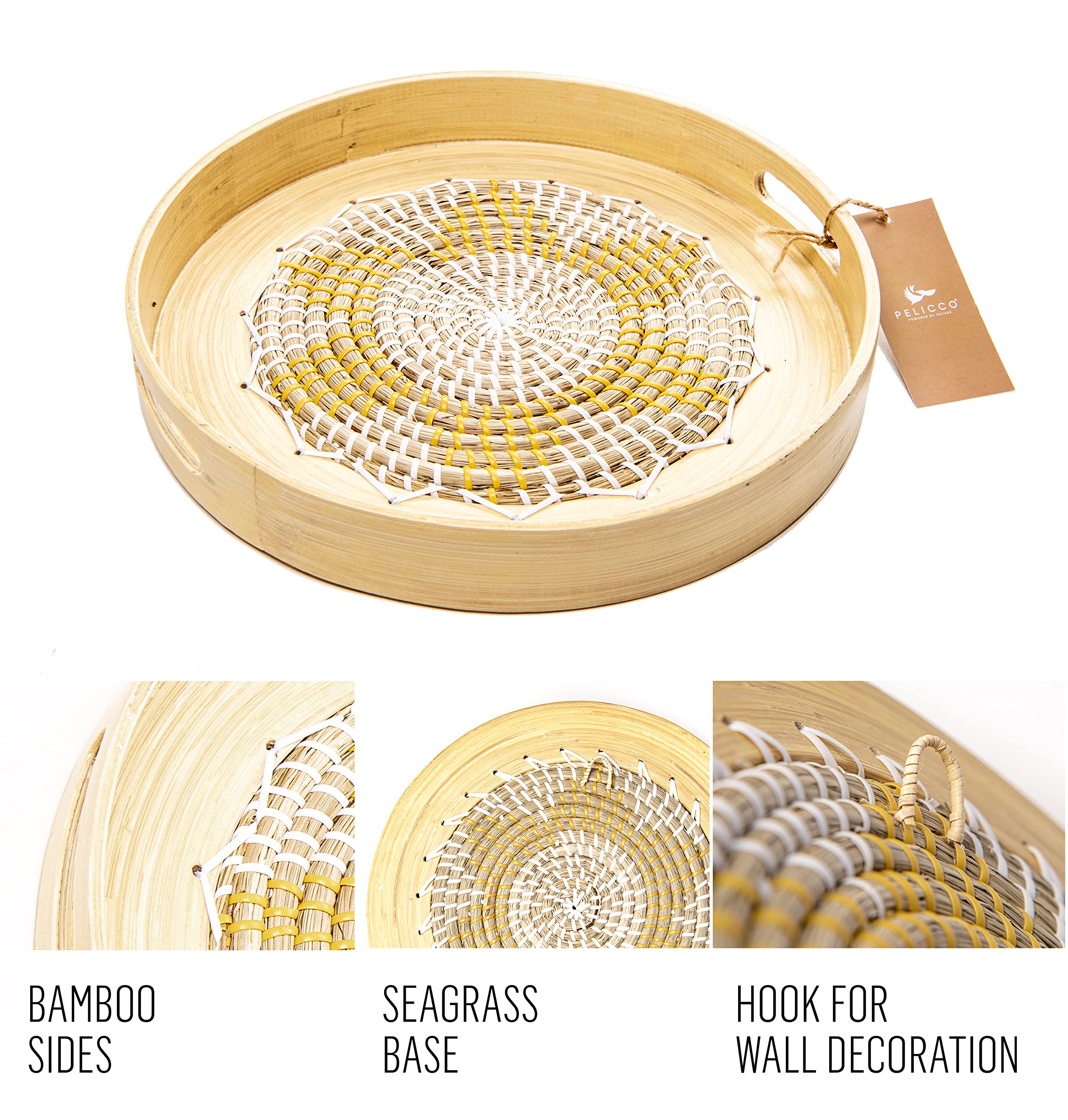 Round seagrass woven tray with handles, bamboo and seagrass tray, handmade decorative tray for table counter piece, coffee table and breakfast tray, wicker fruit basket, , hanging wall basket(14 inch)