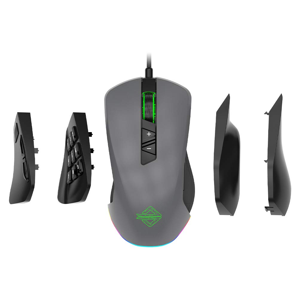 NACODEX GTI Modular Gaming Mouse Wired, Adjustable DPI RGB Backlit, MMO Gaming Mice with 14 Programmable Buttons, Palm/ Claw Grip Ergonomic for PC Gamer (Gray)
