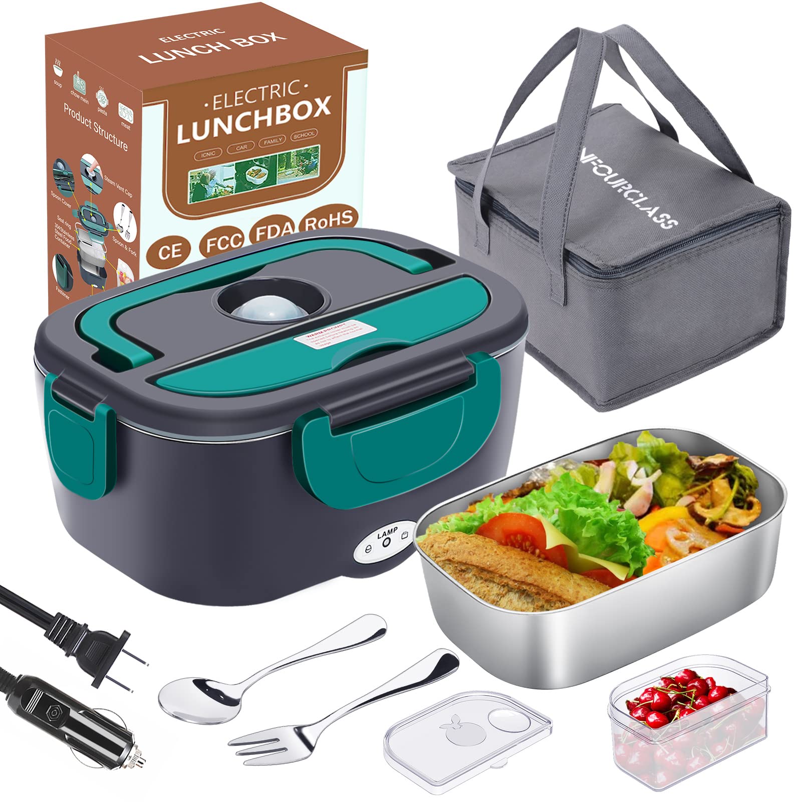 Portable Electric Lunch Box with Fast Charger, Mini Microwave Food Warmer for Adults, 1.5L Stainless Steel Food Containers, 60W Leak Proof Food Warmer 110V 12V 24V for Truck Home Office - Grey