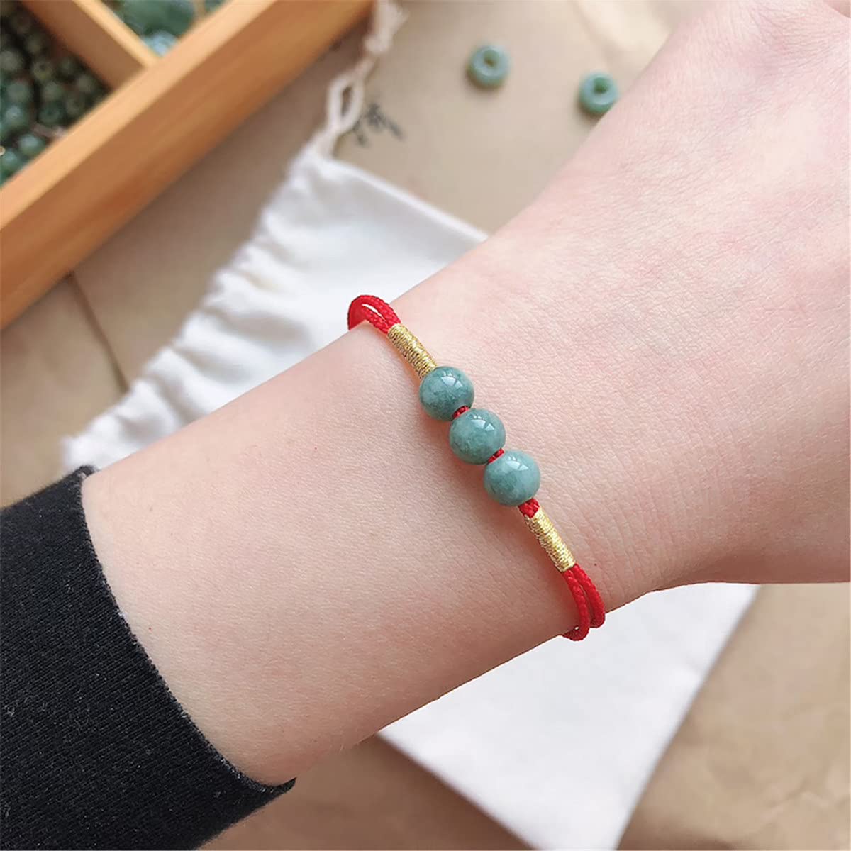 Qordelia Natural Green Jade Red String Bracelet Beads Jade Cuff Women Bangle Chinese Nephrite Personalized Gift for Mom Sister Gift for Her
