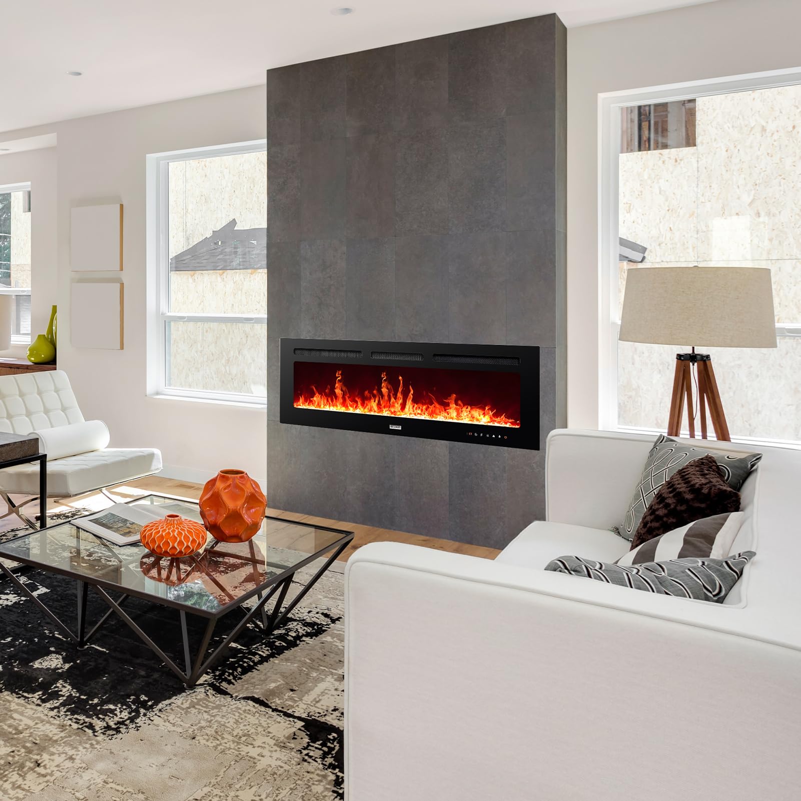 ROCSUMOO 60" Recessed and Wall Mounted Electric Fireplace, Low Noise, Remote Control with Timer,Touch Screen,Adjustable Flame Color and Speed, 750-1500W